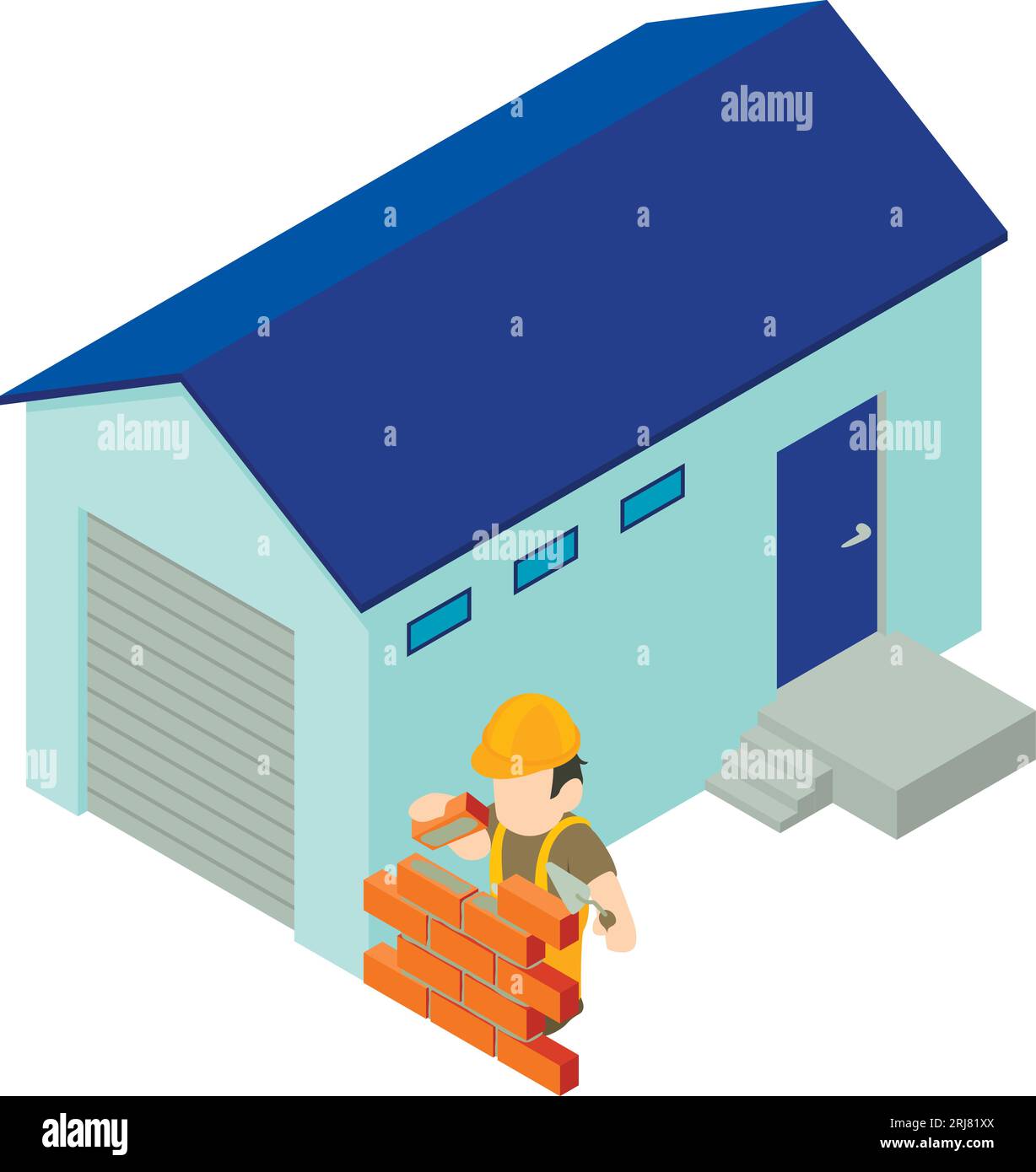 Construction icon isometric vector. Worker laying brick near utility ...