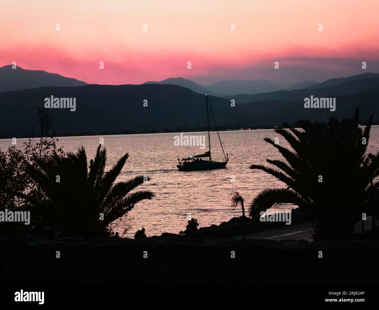 GREECE- RED SUNSET AFTER FIRE IN PELOPONNESE Stock Photo - Alamy