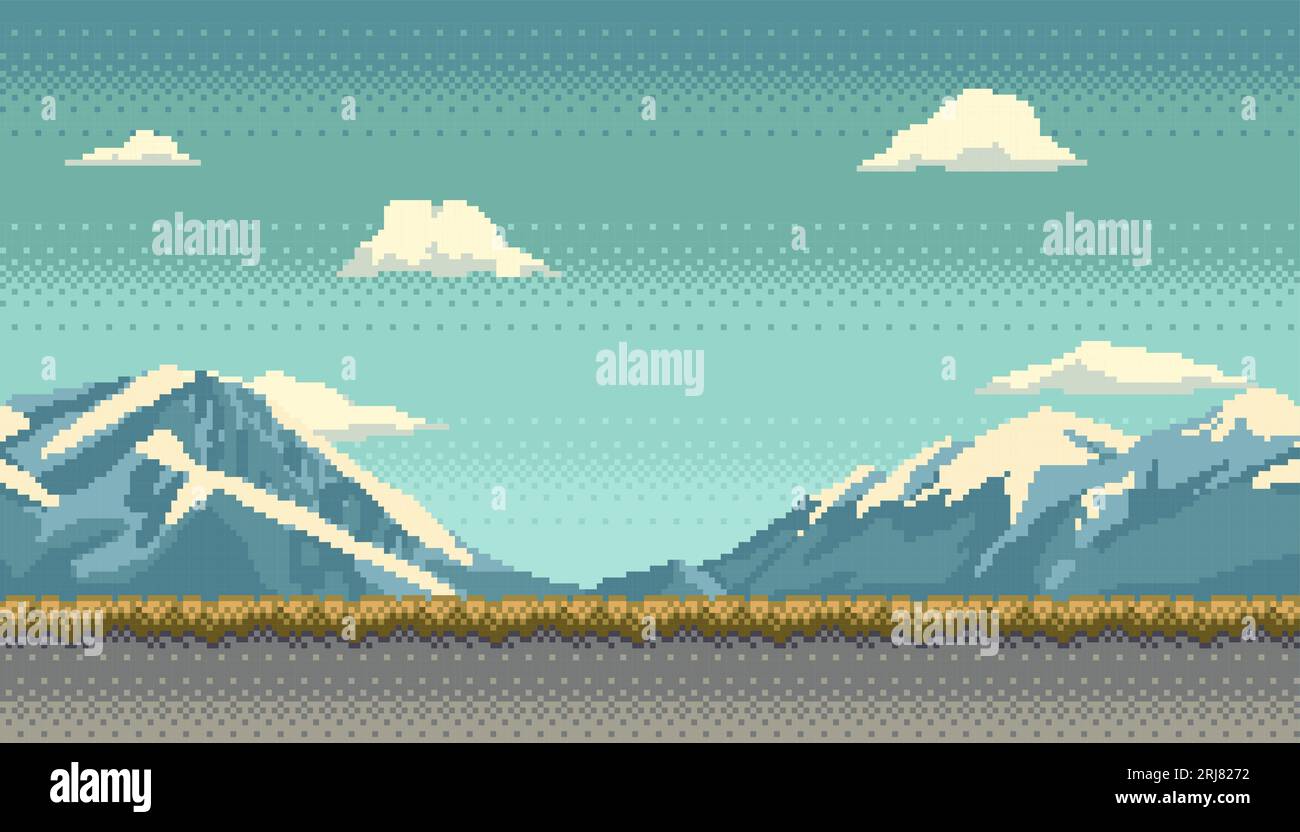 Pixel art background. Scene with snowy mountains, grass and clouds ...