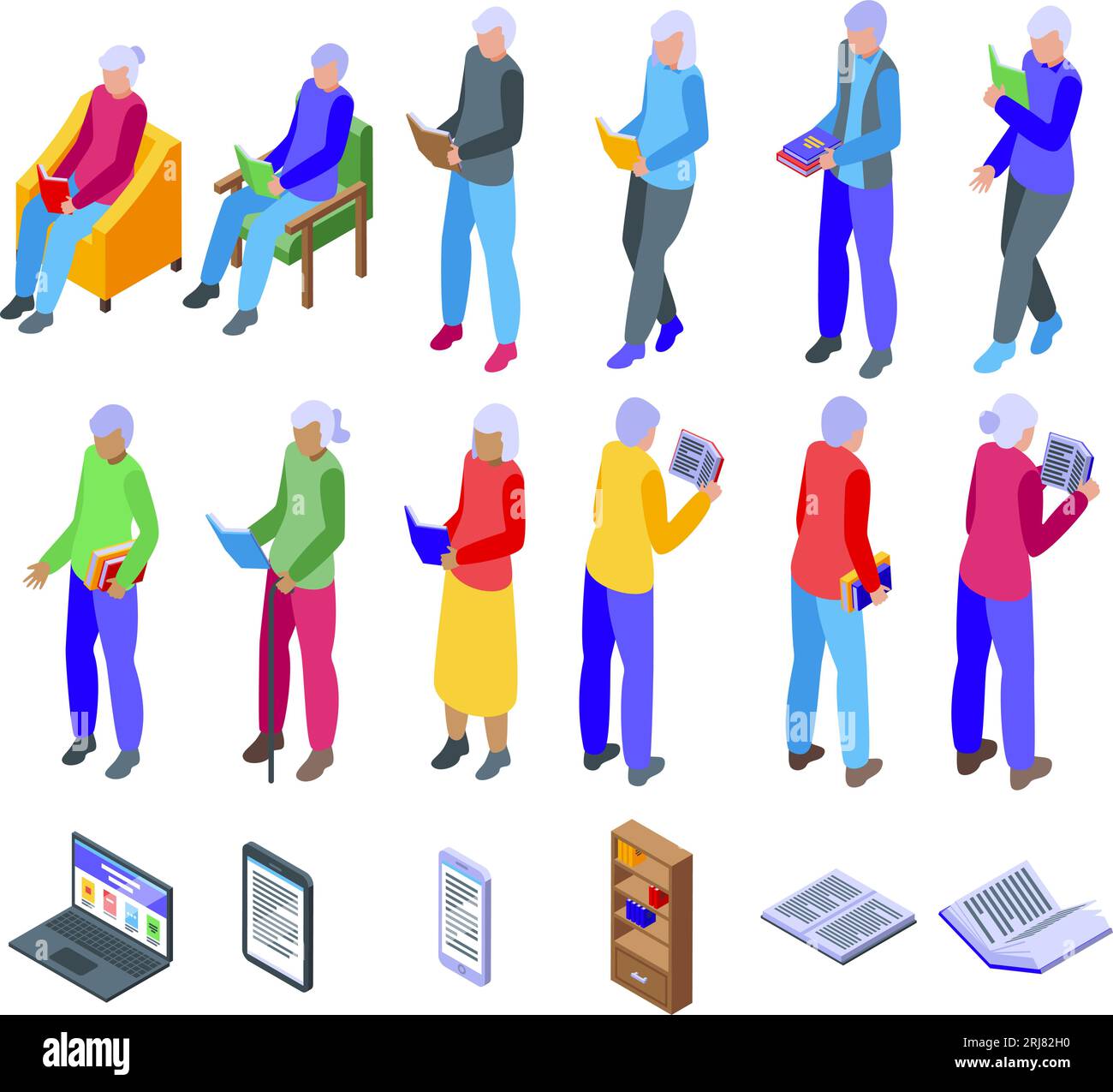 Senior people reading icons set isometric vector. Elder book. Couple ...