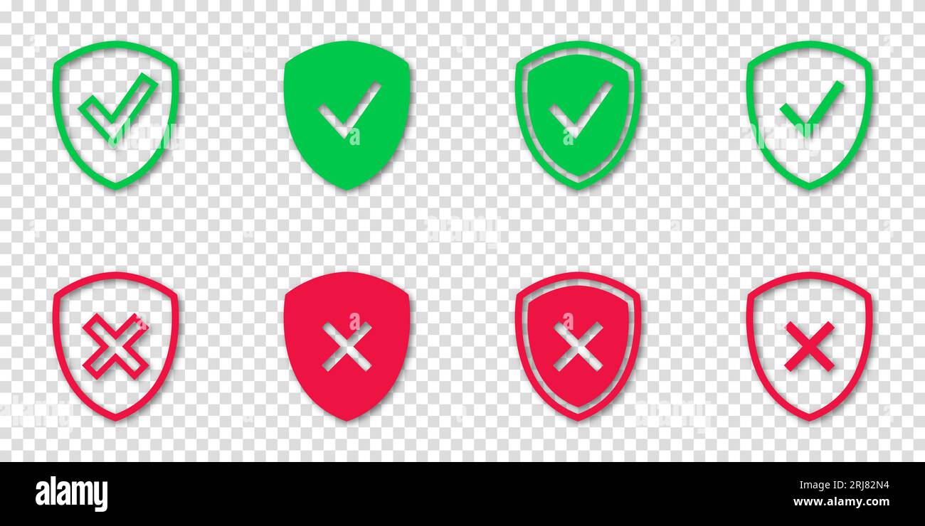 Shields with Check and X icon set. Safe information. Vector clipart ...