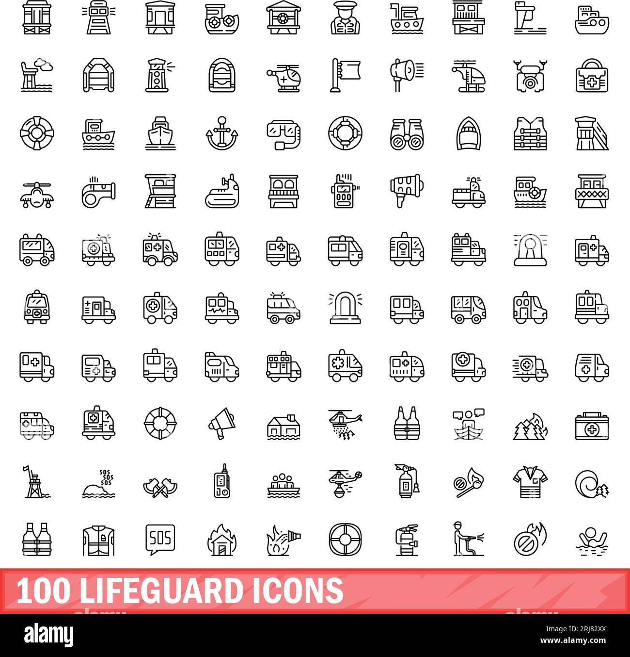 100 lifeguard icons set. Outline illustration of 100 lifeguard icons ...