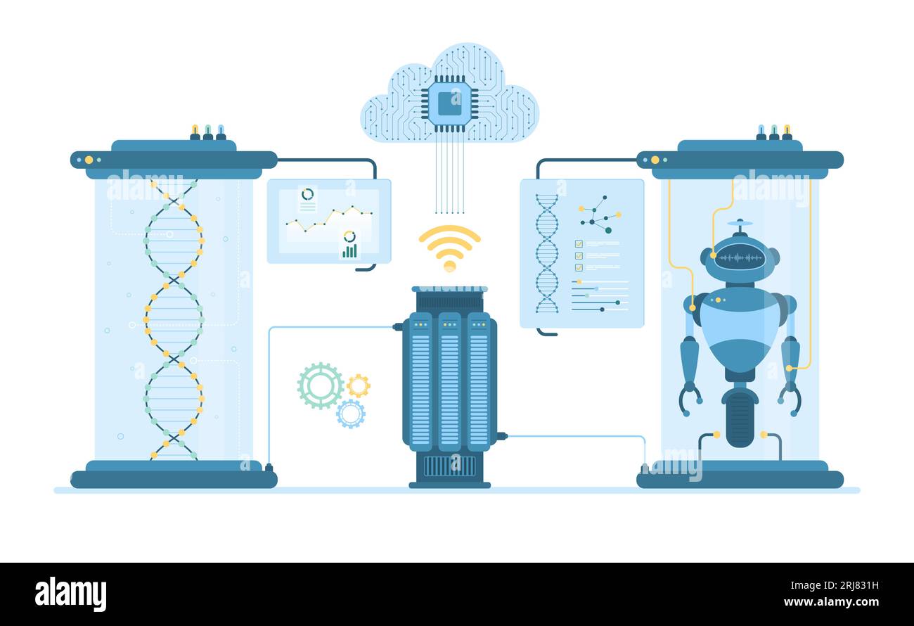 Automation services, technology of robot production vector illustration. Cartoon isolated ...