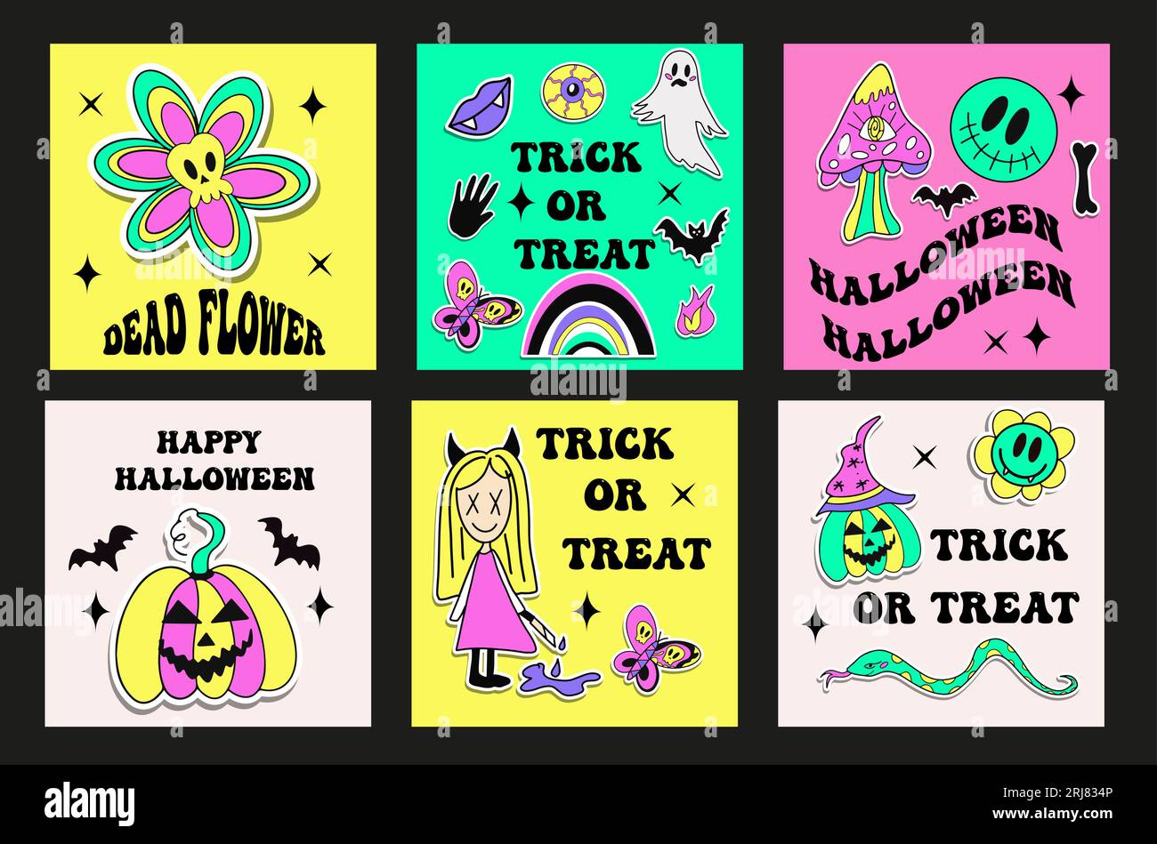 Set posters for Halloween with trendy illustrations. Trendy groovy ...
