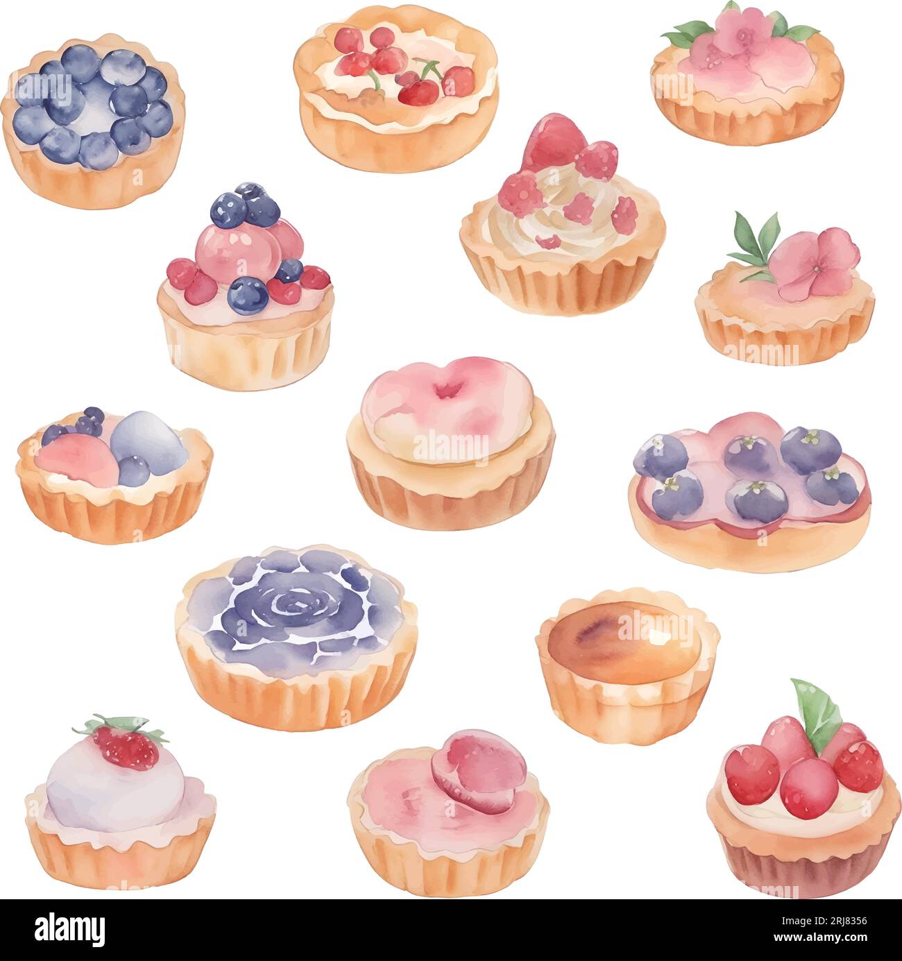Set of fruit tarts with berries. Watercolor hand drawn illustration ...