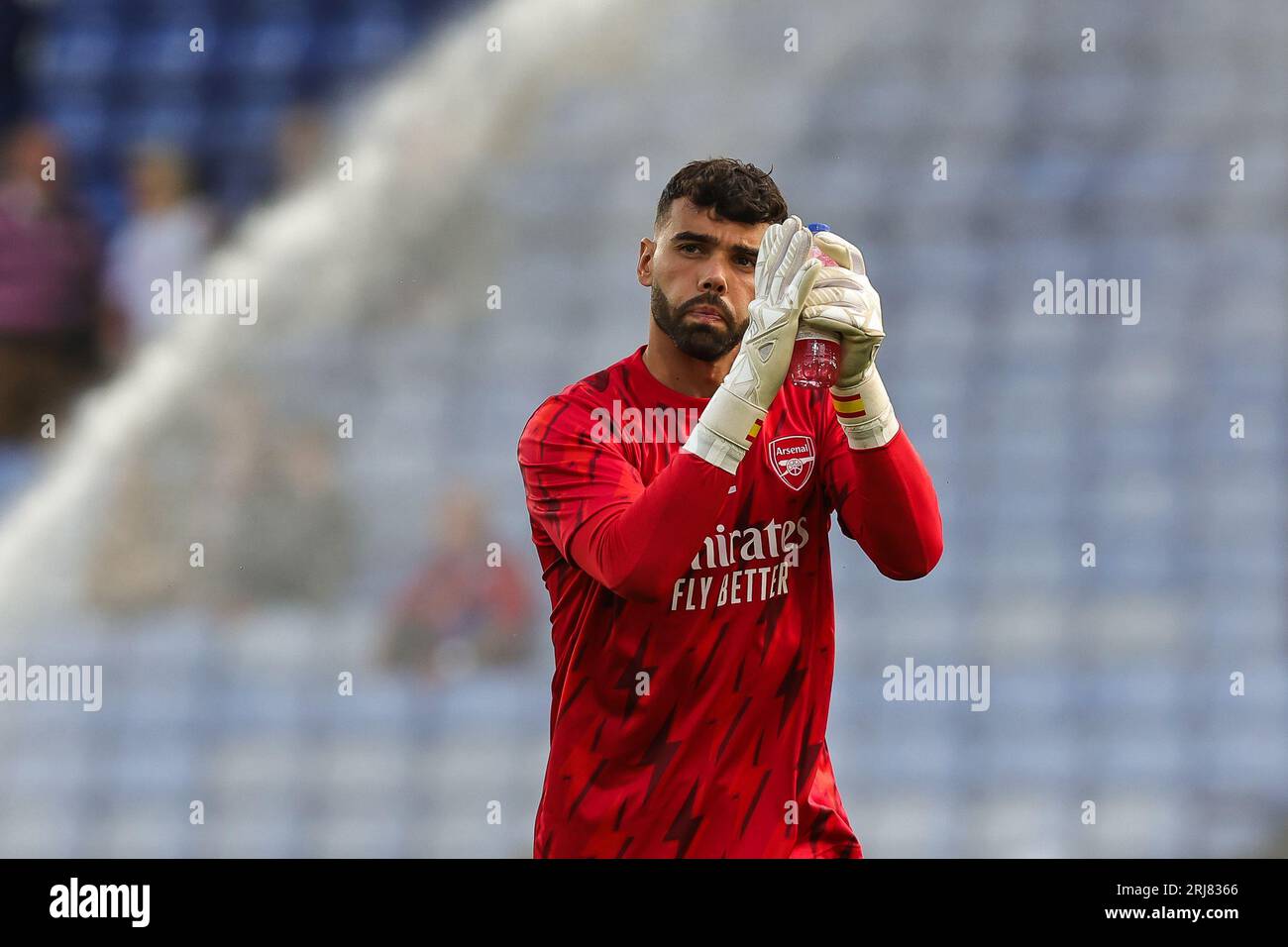 David Raya #22 of Arsenal applauds the fans during the pre-game warmup ...