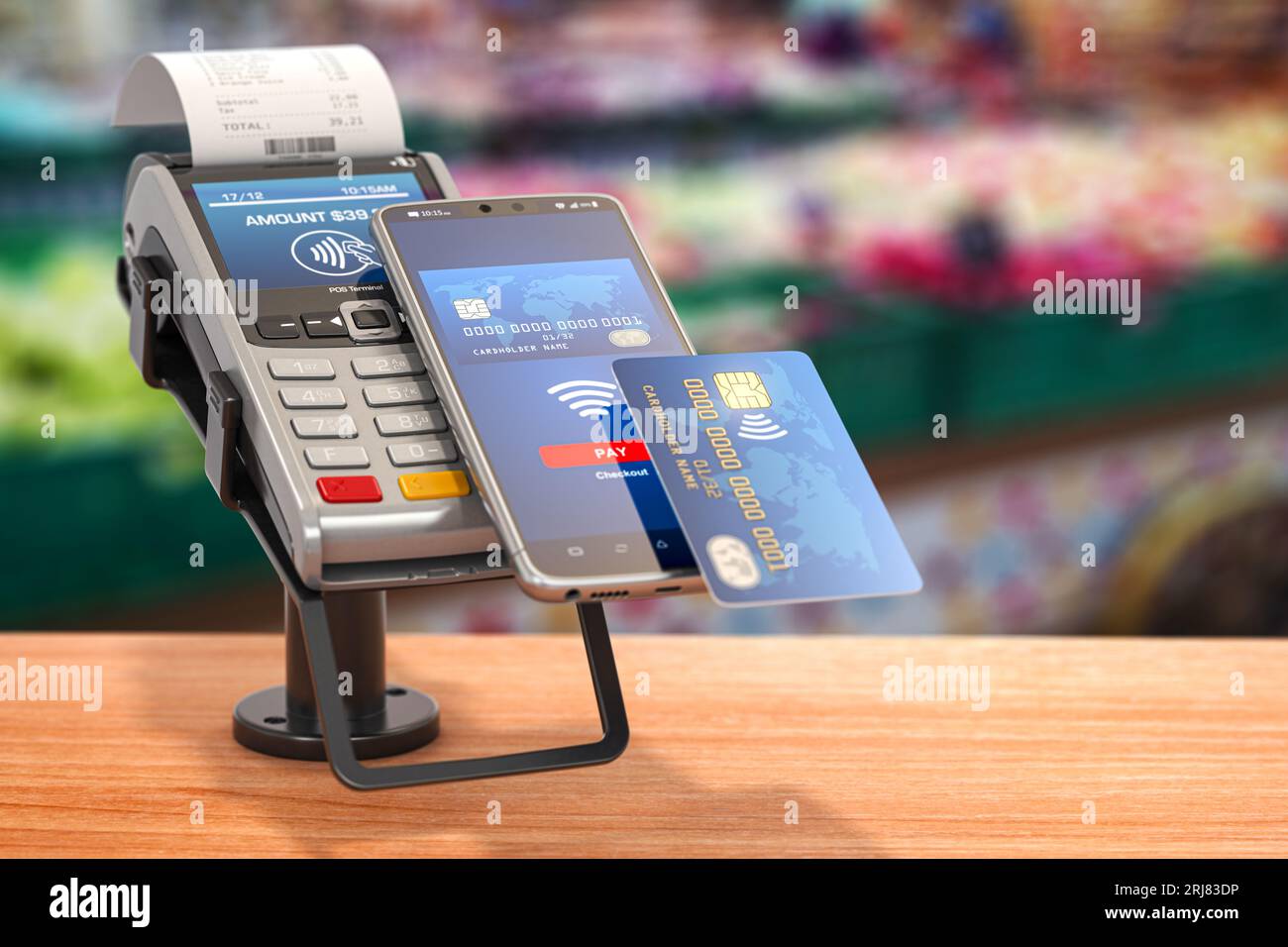 Contactless payment with smart phone. POS terminal with NFC mobile phone in asupermarket. 3d ...