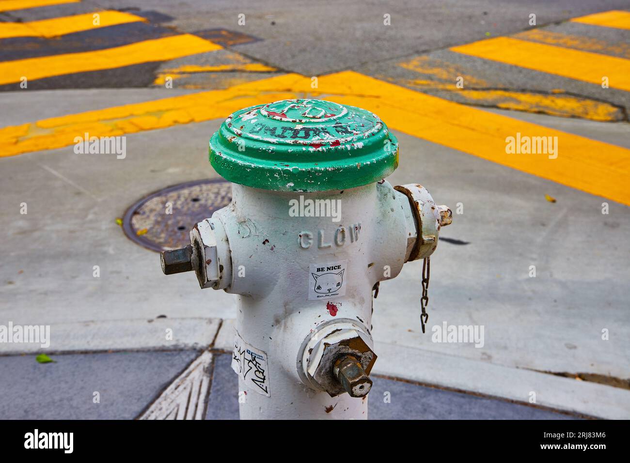 White fire hydrant with green cap and cat sticker saying to be nice ...