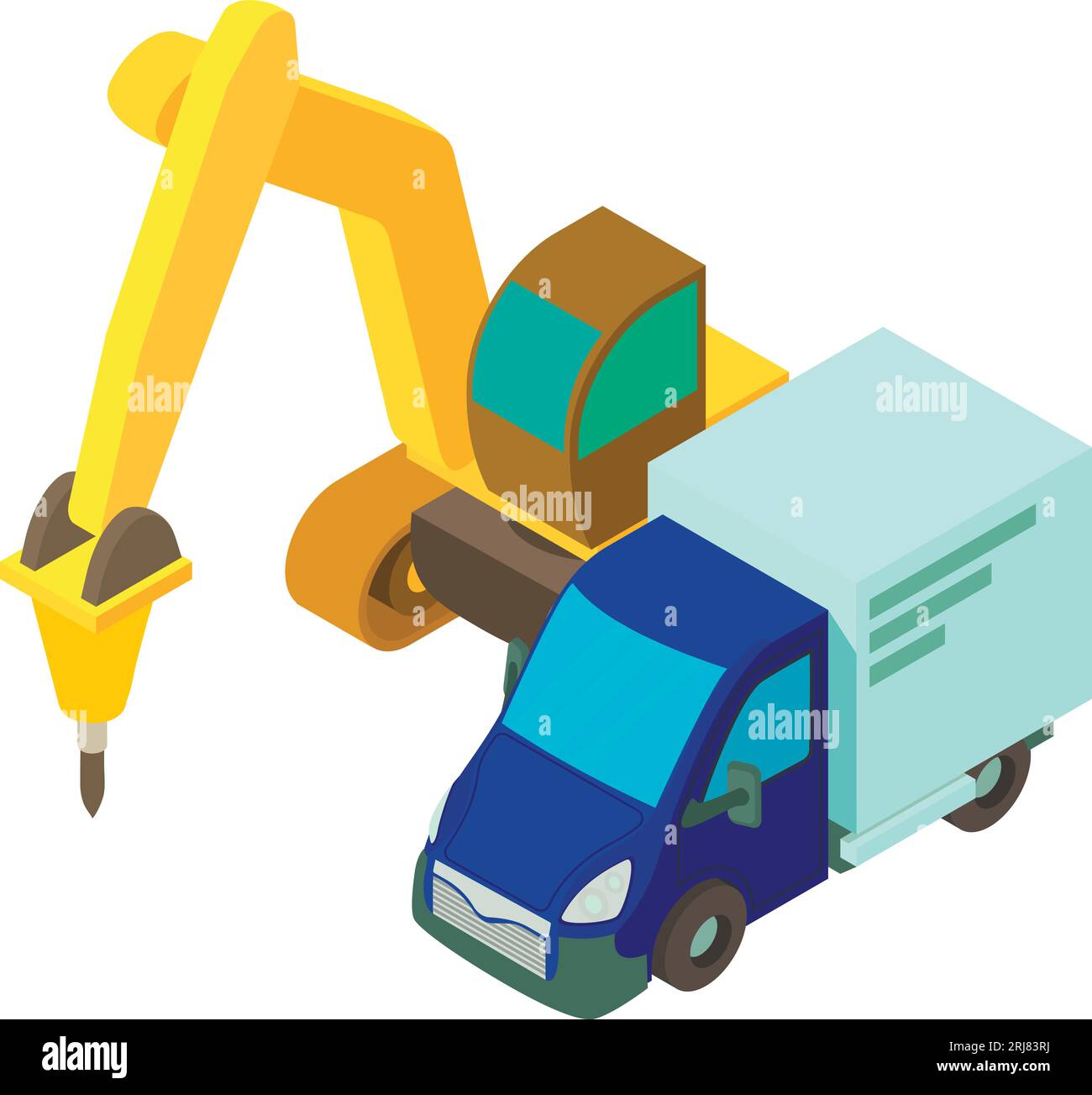 Building site icon isometric vector. Big excavator hammer near delivery ...
