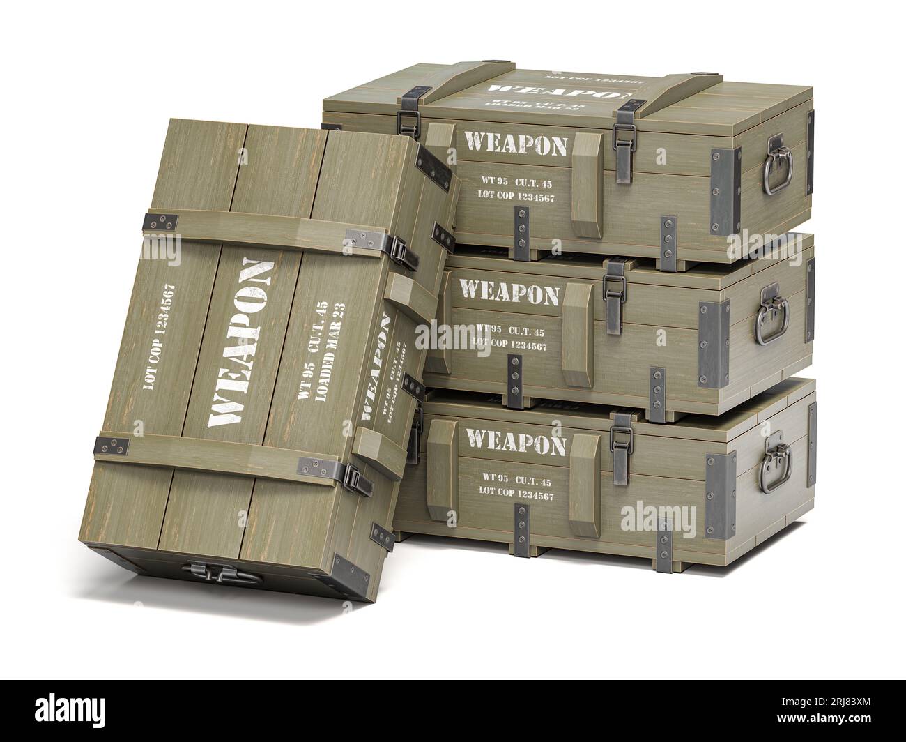 Military wooden crates with weapon and army ammunition isolated on ...