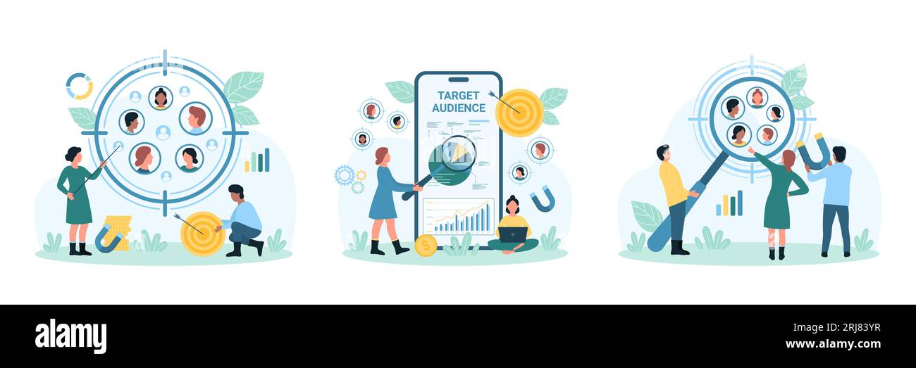 Target audience research set vector illustration. Cartoon tiny people ...