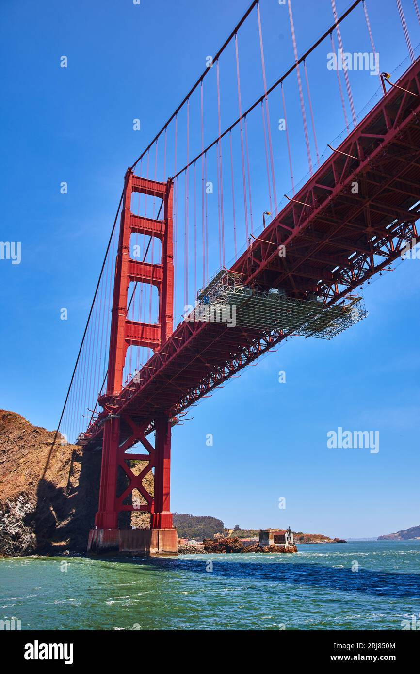 Golden Gate Bridge underside and side from choppy San Francisco Bay ...