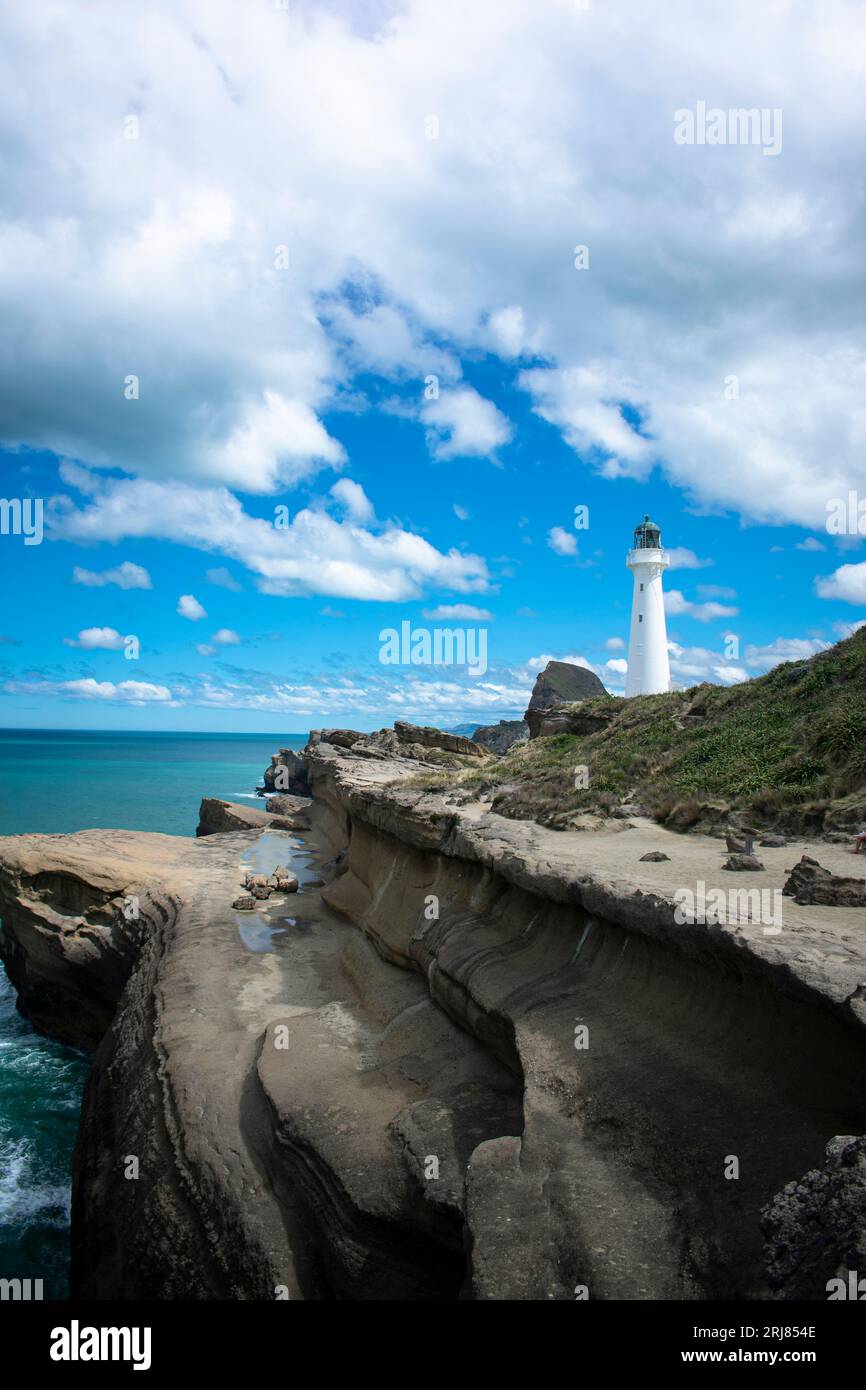 Coast view of Castlepoint Lighthouse, Castlepoint, Wellington Region ...