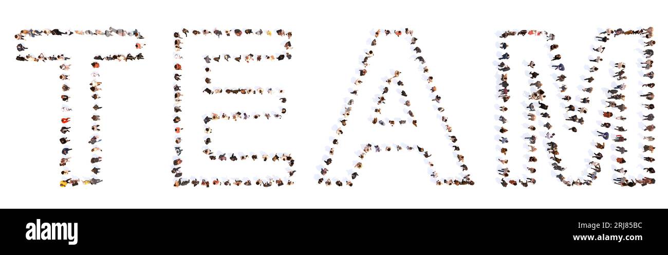 Conceptual large community of people forming TEAM word. 3d illustration ...