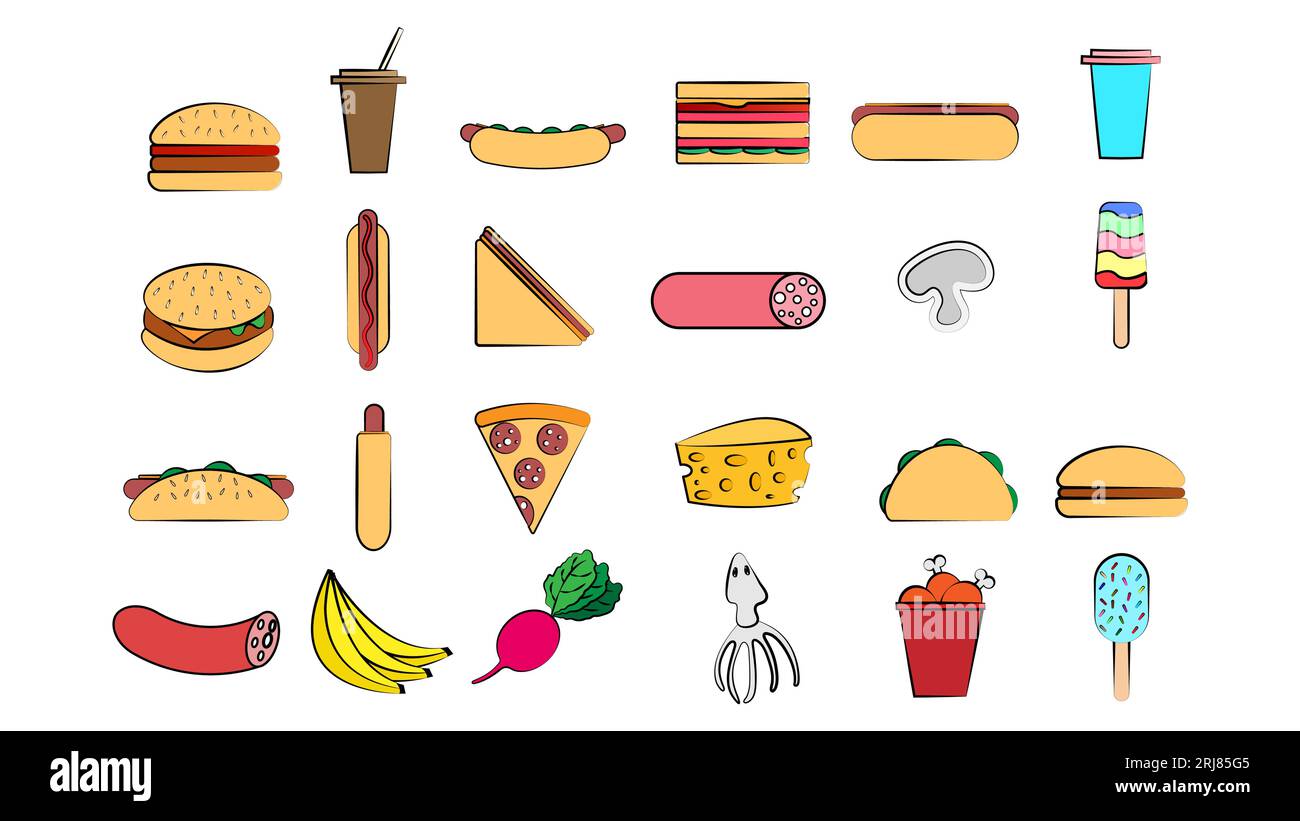Set of 28 icons of delicious food and snacks items for a cafe bar ...