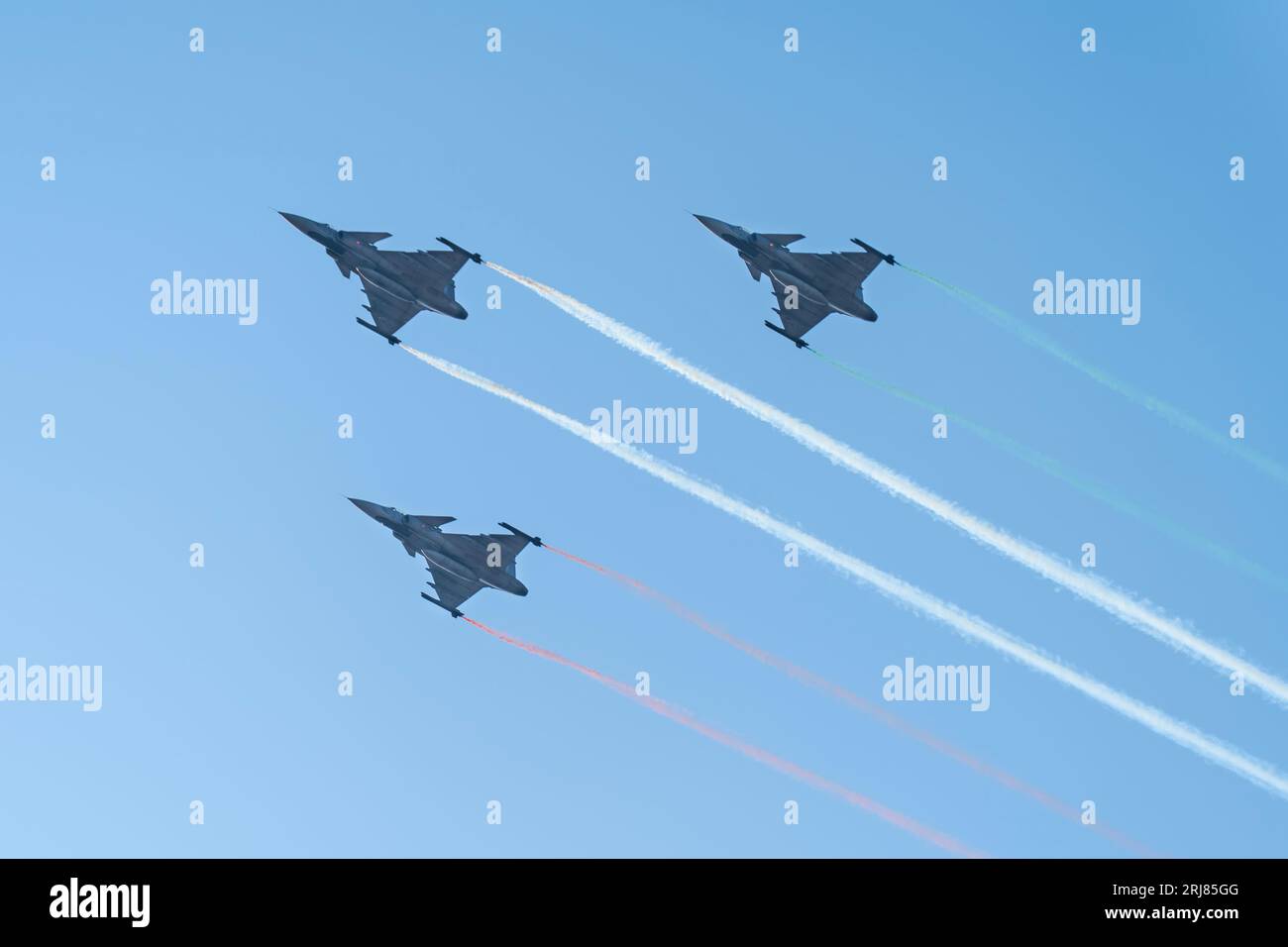A trio of Swedish-made Gripen fighter jets of the Hungarian Air Force ...