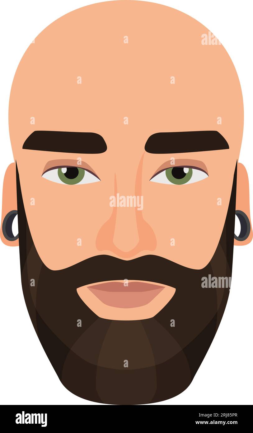 Bald bearded man. Hipster male head, guy wearing earring vector ...