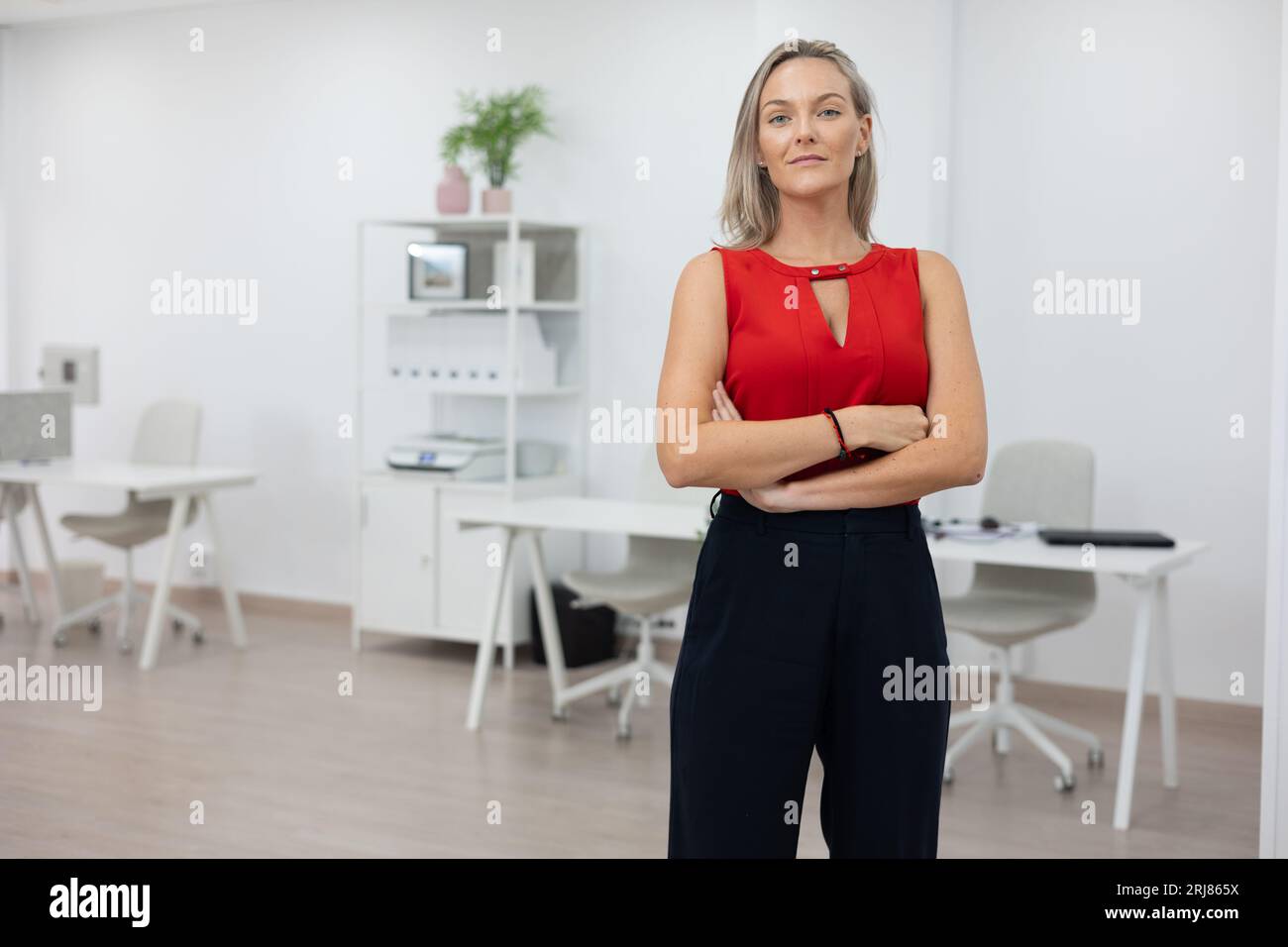 Portrait of beautiful executive woman in red blouse and office ...