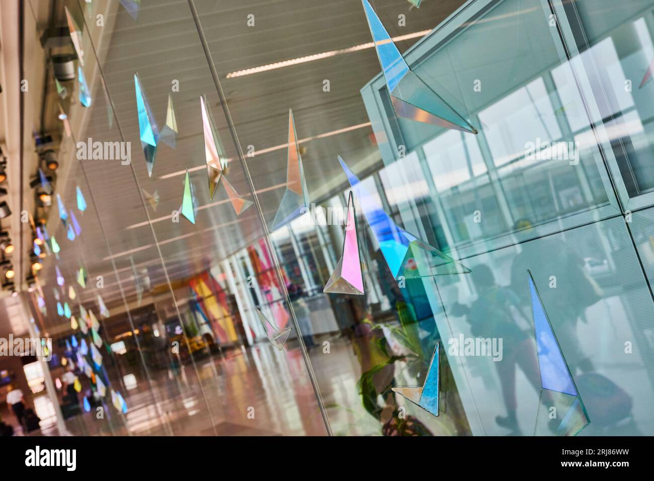 Abstract glass art on glass window with abstract geometric shapes and ...