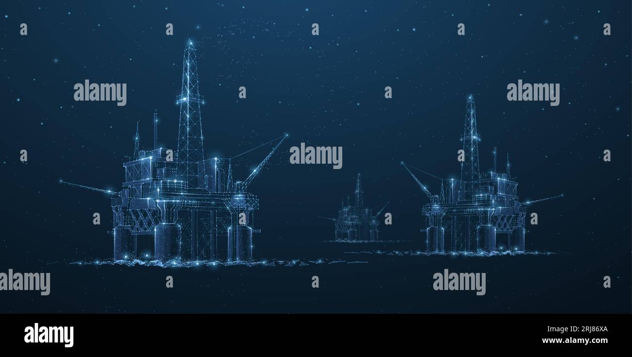Oil rigs. Abstract 3d floating rig platforms isolated on blue. gas ...