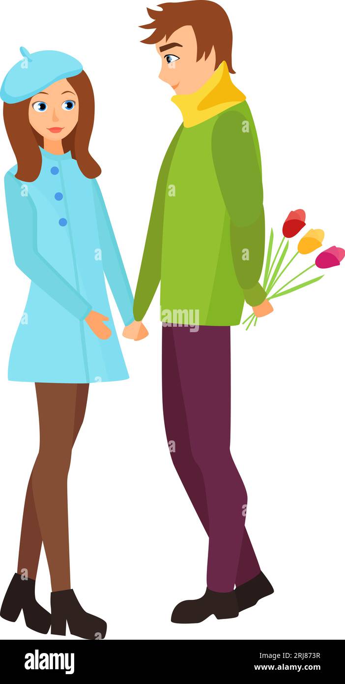 Romantic date of couple. Man gives flowers, partners fall in love ...