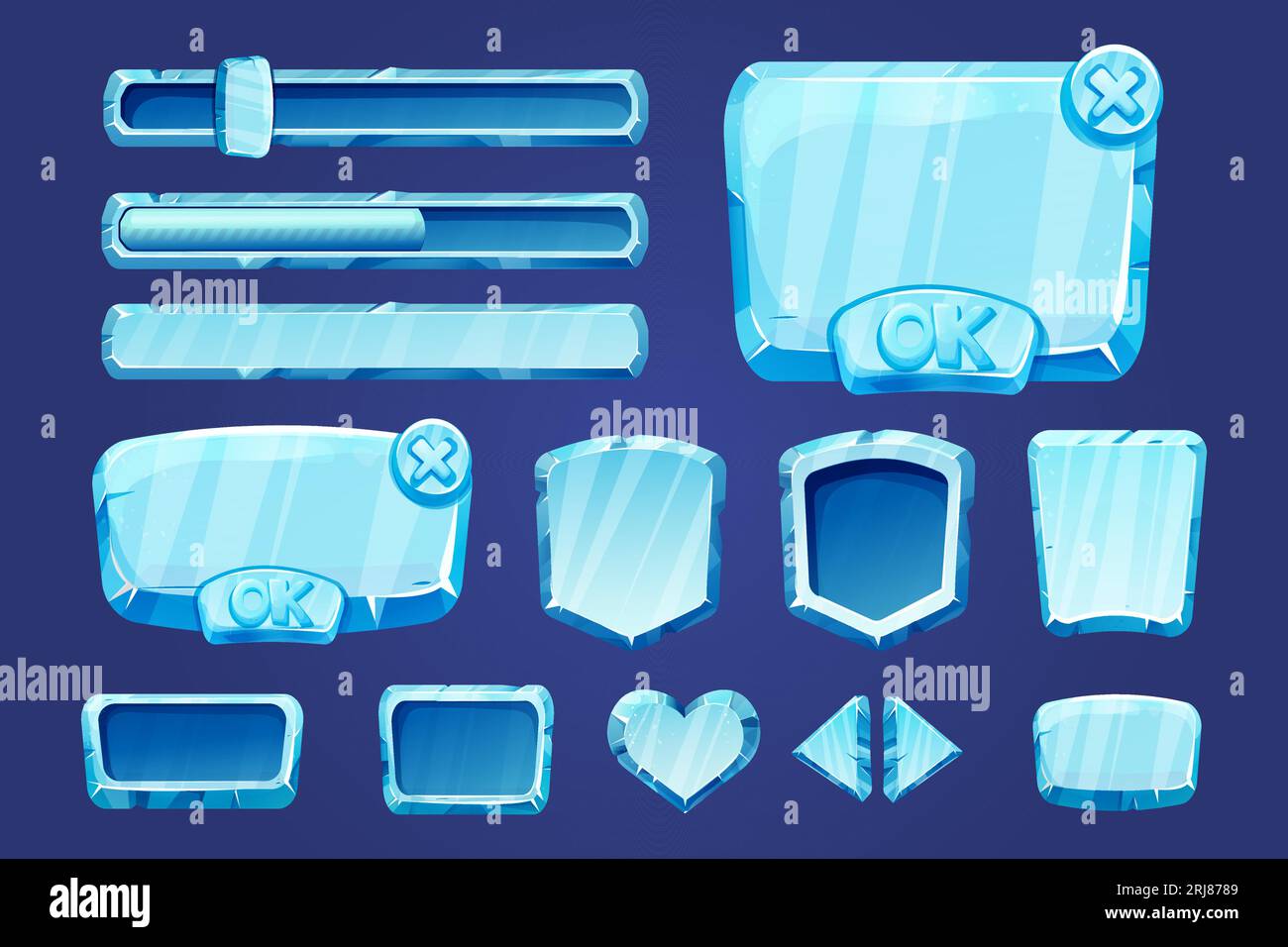 Set game menu assets ice buttons, interface elements 2d in cartoon style isolated. Blocks ...
