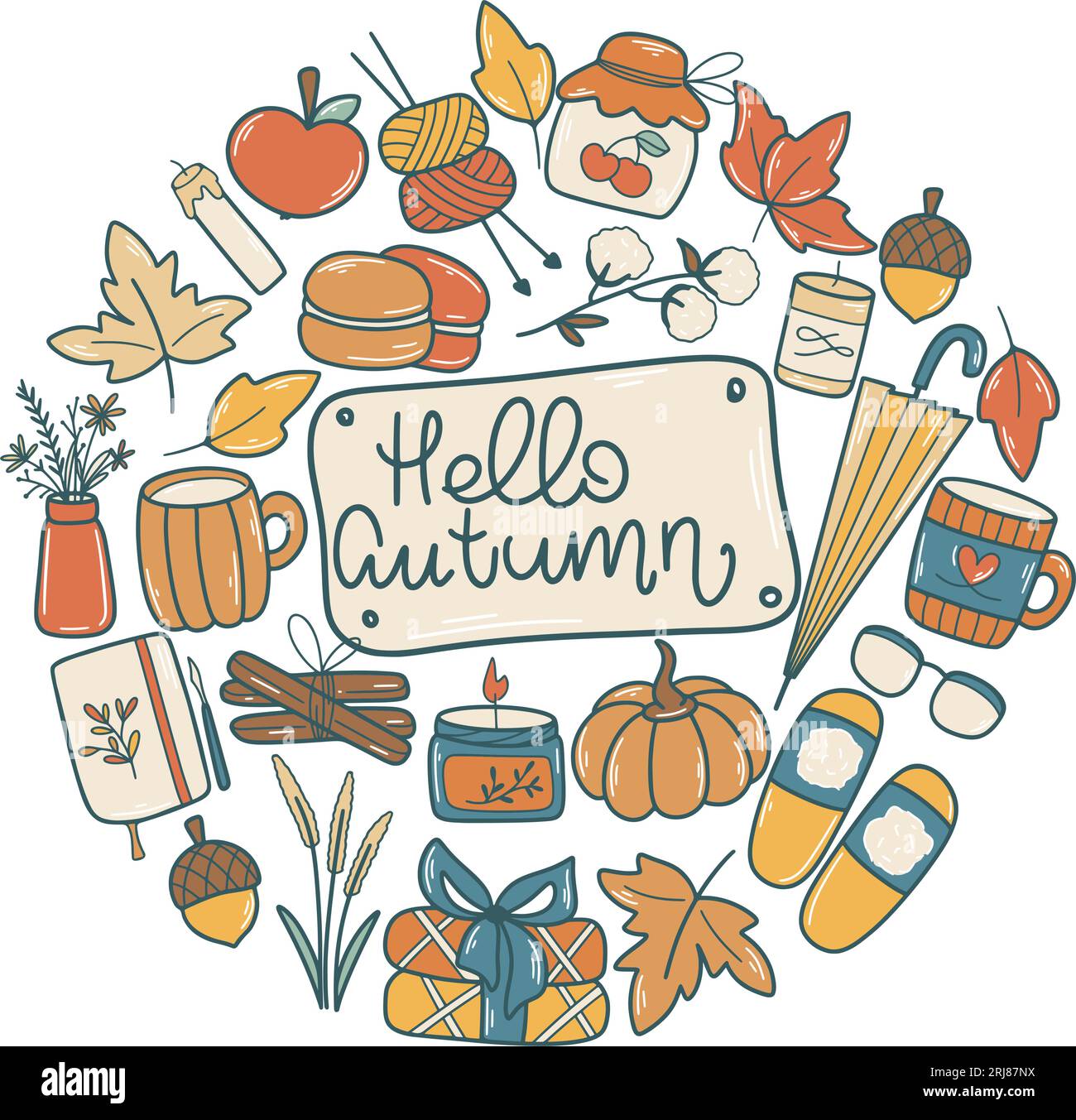 Hello autumn card. Round botanical fall greeting template with autumn ...