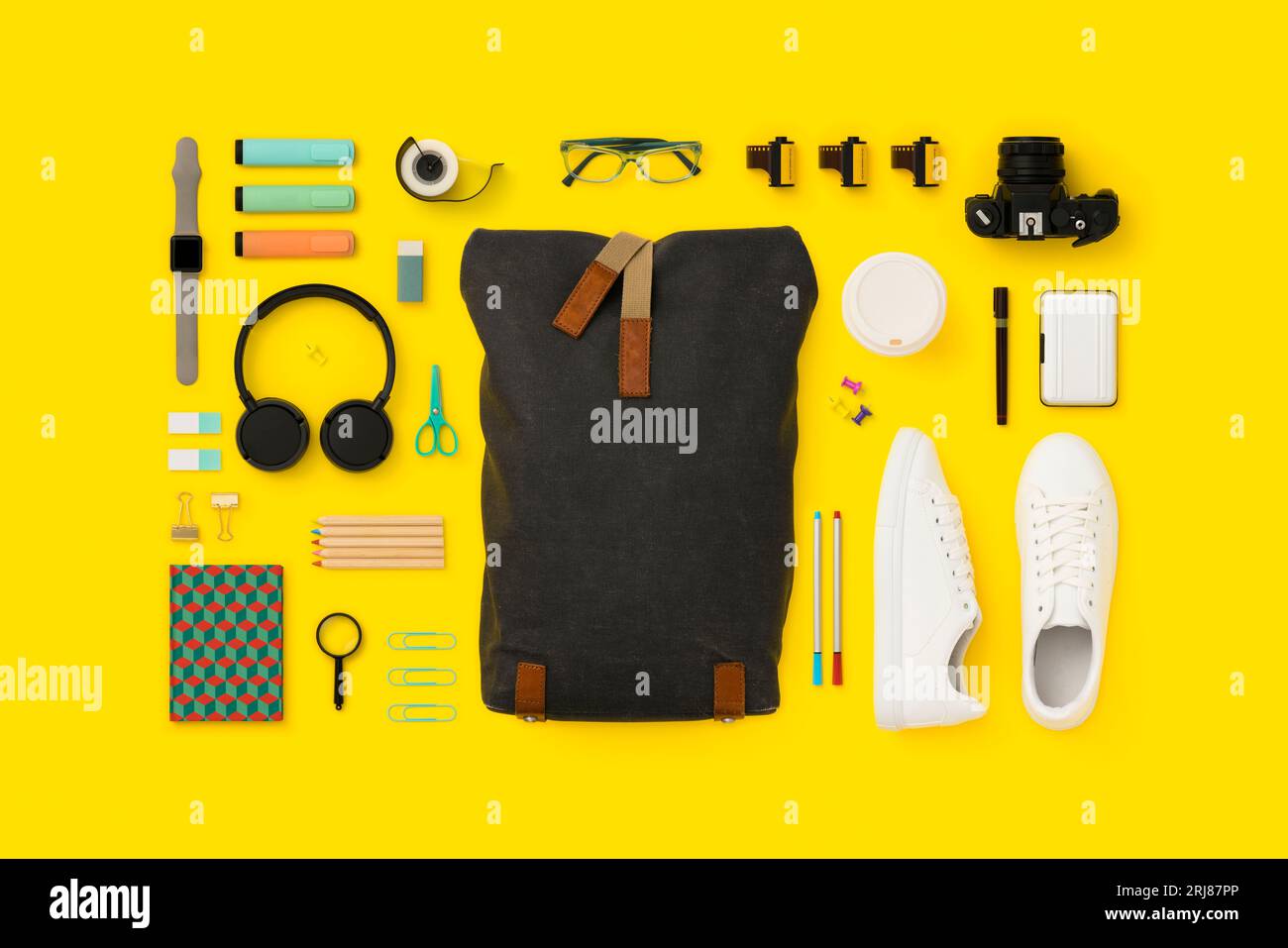 School supplies, stationary and backpack flat lay. Back to school flat ...