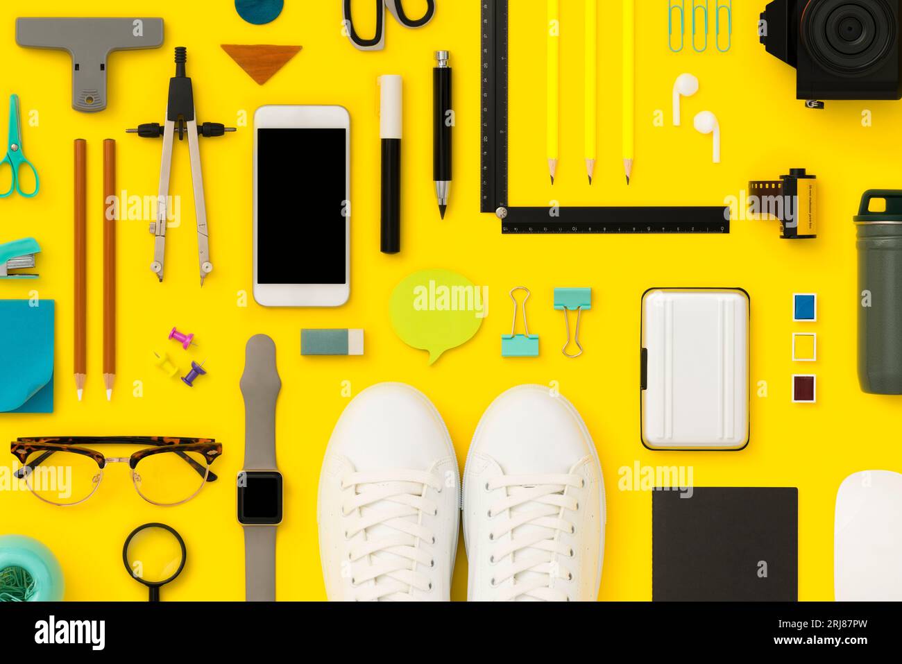 Stationary, school supplies flat lay. Back to school flat lay on yellow ...