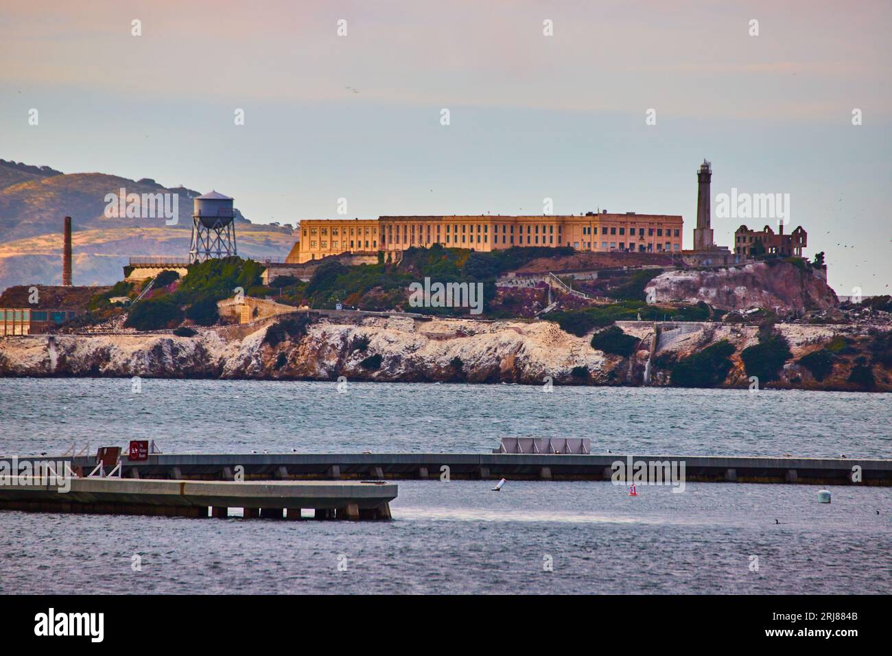 Aquatic Cove and water breaker with close up zoomed in view of Alcatraz ...
