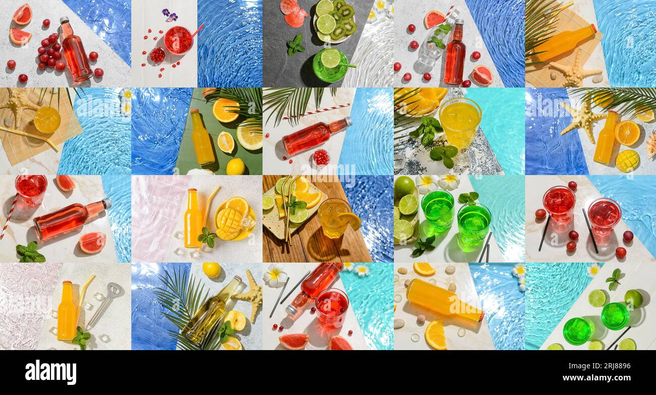 Collage of refreshing soda drinks near swimming pool Stock Photo - Alamy