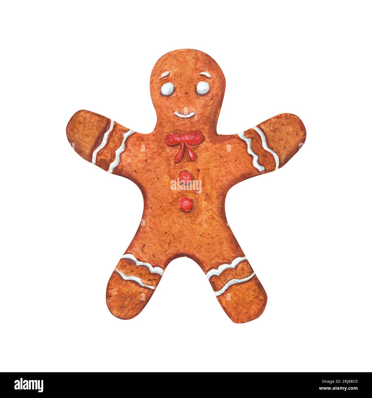 Watercolor Xmas gingerbread pastry decorated with white icing. Hand ...