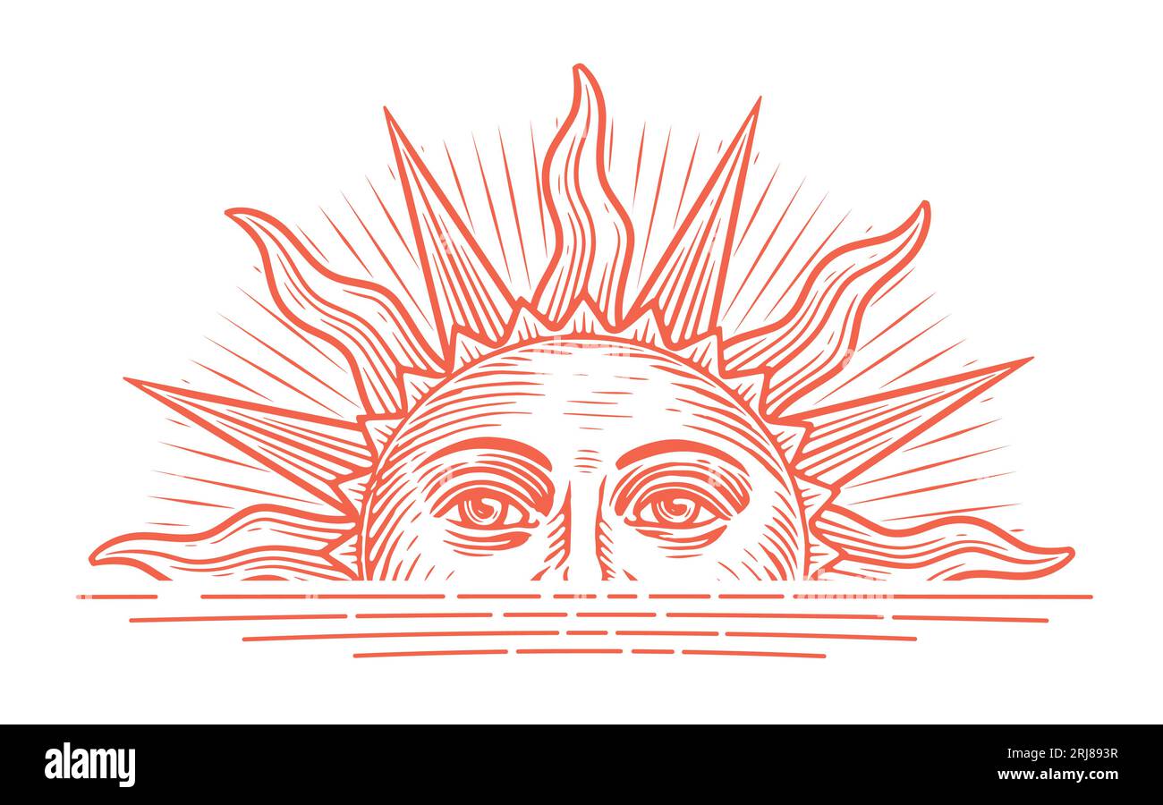 Sea waves and rising sun. Sunset or sunrise. Morning, vintage vector ...