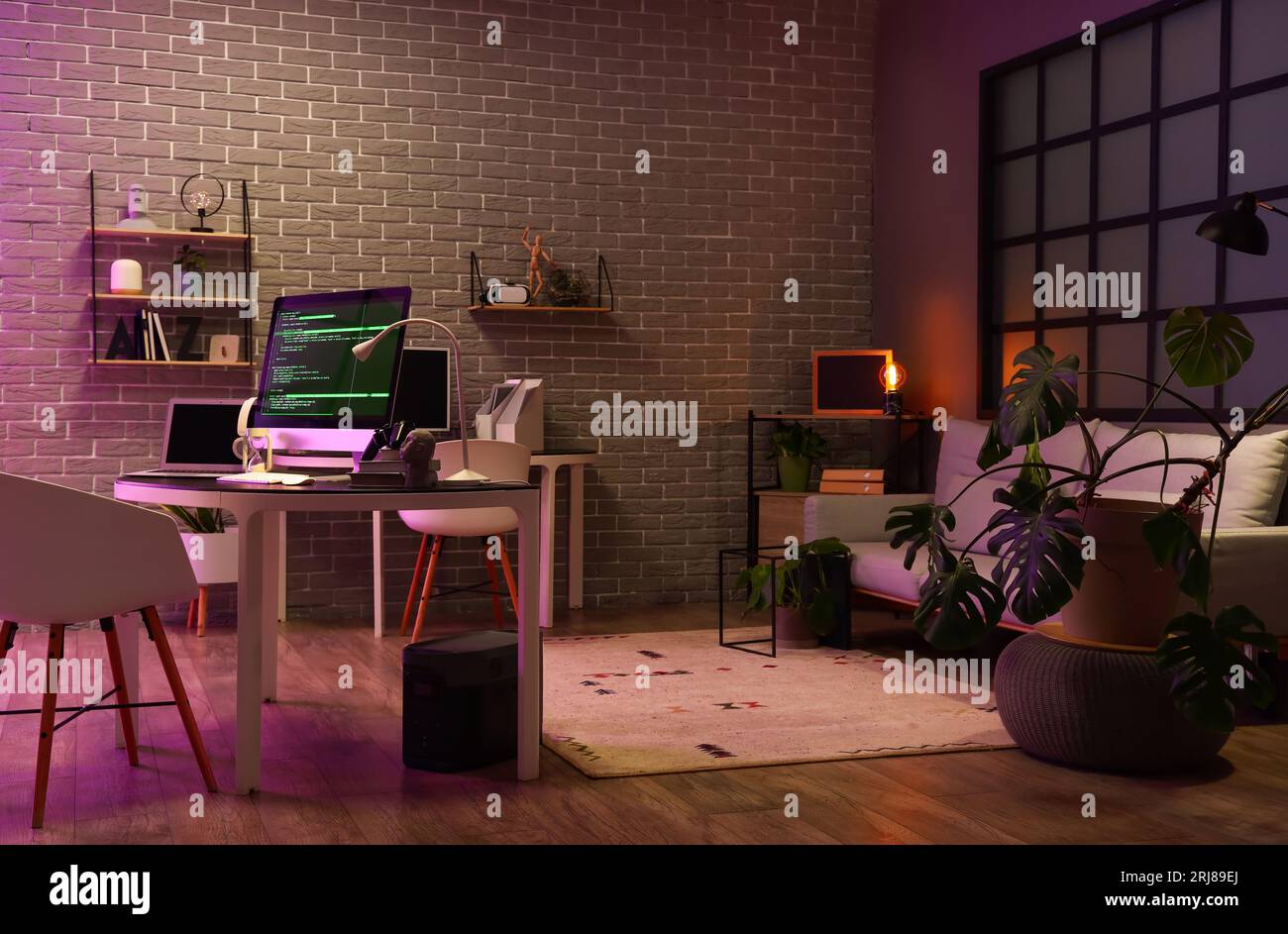 Interior of dark office with programmer's workplaces Stock Photo - Alamy