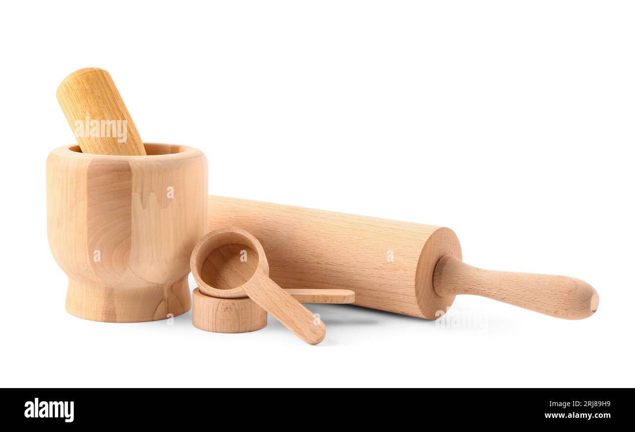 Wooden baking utensils isolated on white background Stock Photo - Alamy