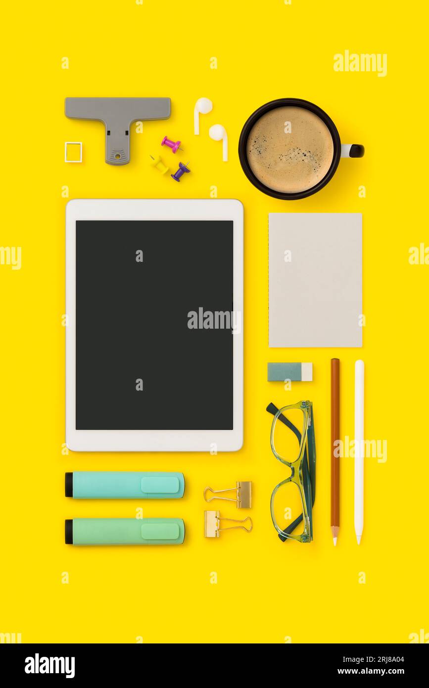 Things on my desk, stationary flat lay with tablet pc mockup. Back to ...