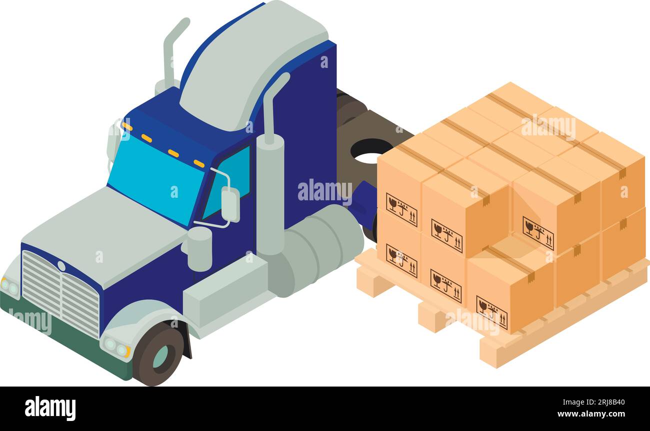 Loading operation icon isometric vector. Semi trailer truck near wooden ...