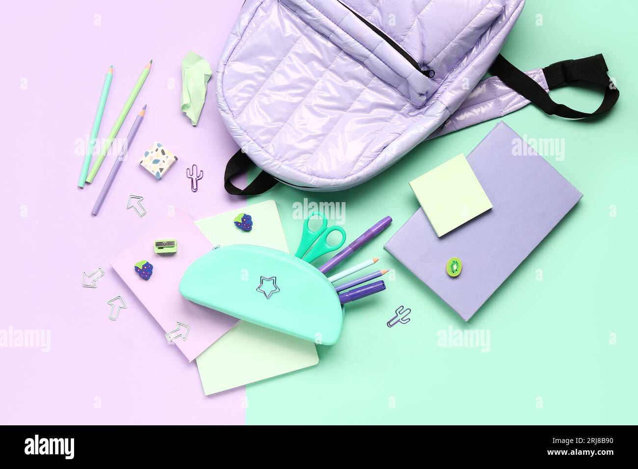 Stylish school backpack and pencil case with different stationery ...