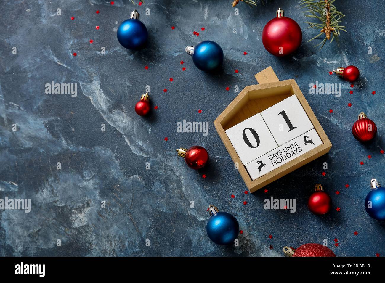 Calendar with text 1 DAYS UNTIL HOLIDAYS and Christmas decor on grunge ...