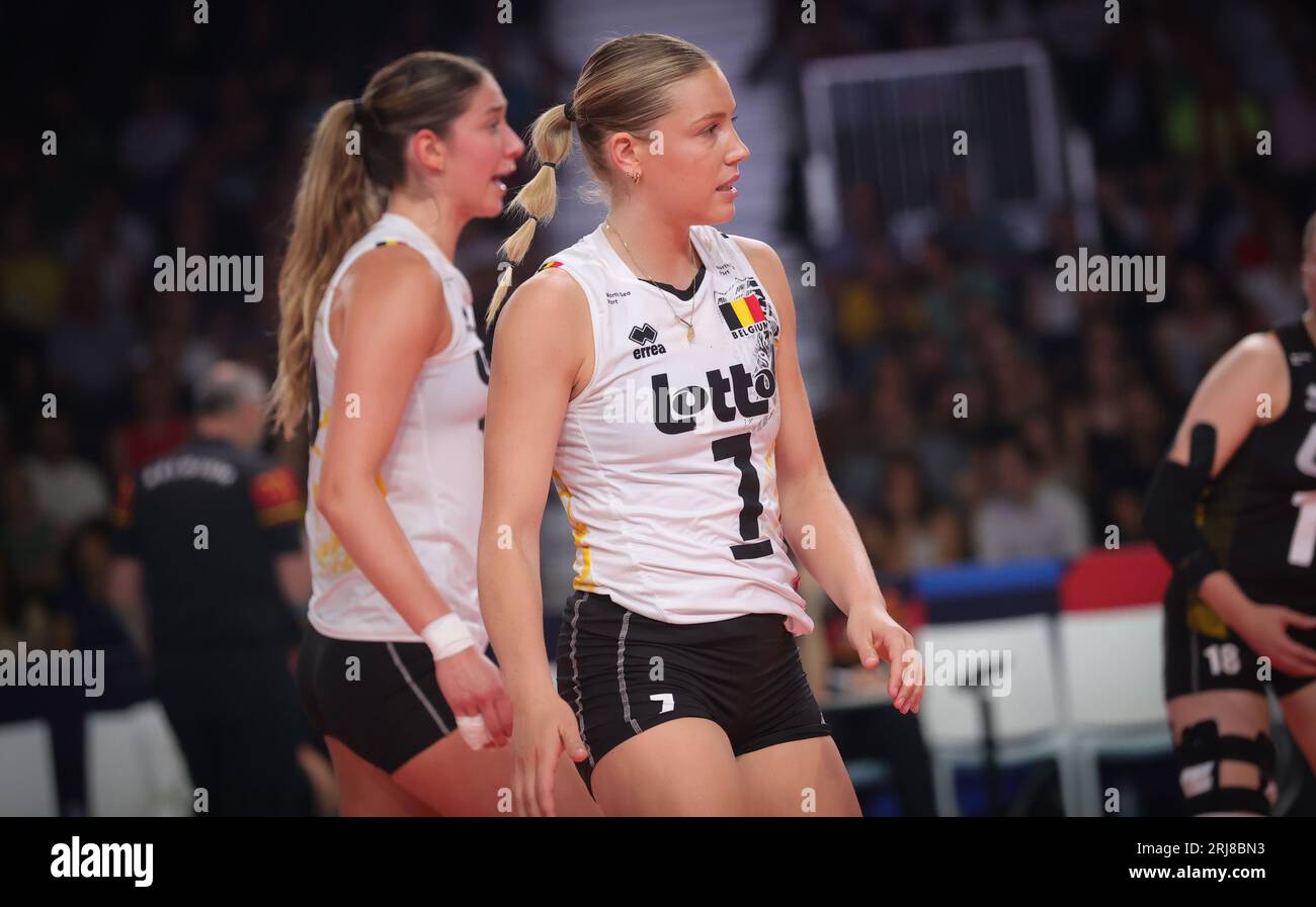 Gent, Belgium. 21st Aug, 2023. Belgium's Celine Van Gestel looks dejected during a volleyball ...