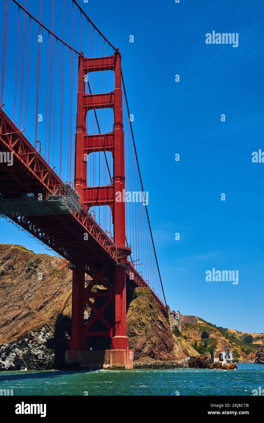 Underside and side view of Golden Gate Bridge from choppy San Francisco ...