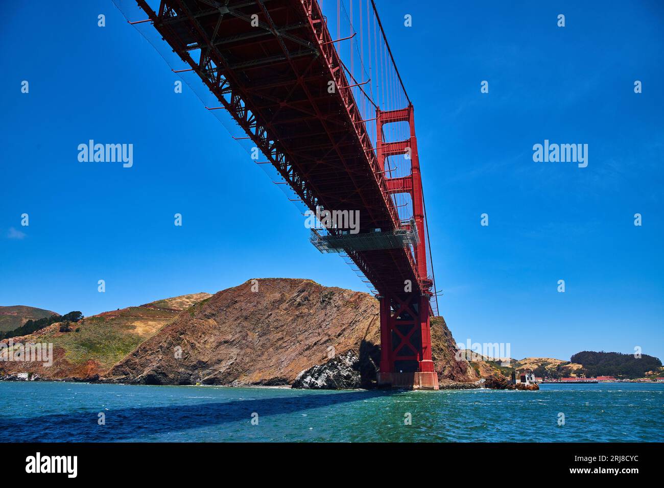 Golden Gate Bridge underside and side view with clear blue skies on ...