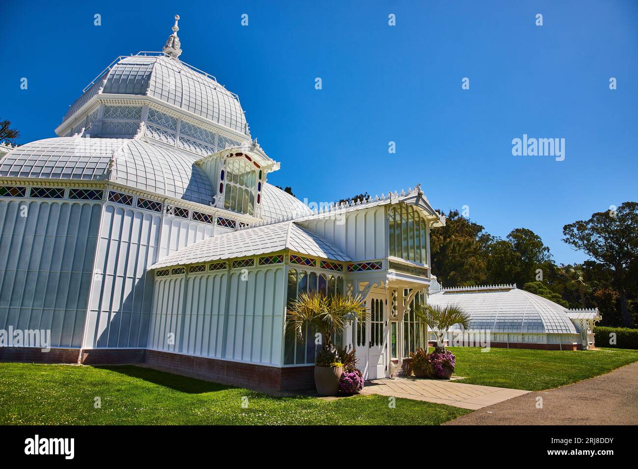 Exterior of Conservatory of Flowers building with bright sunny day and ...