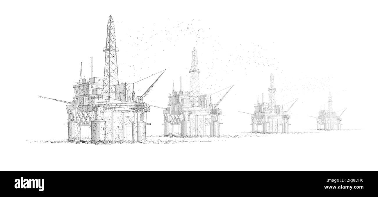 Oil rigs. Abstract 3d floating rig platforms isolated on blue. gas ...