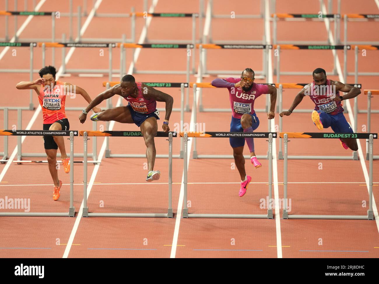 USA's Grant Holloway (second left) wins the Men's 110m Hurdles during ...