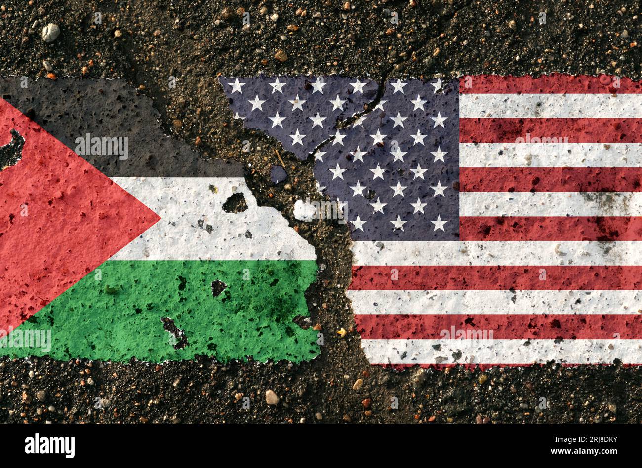 On the pavement are images of the flags of Palestine and the United ...