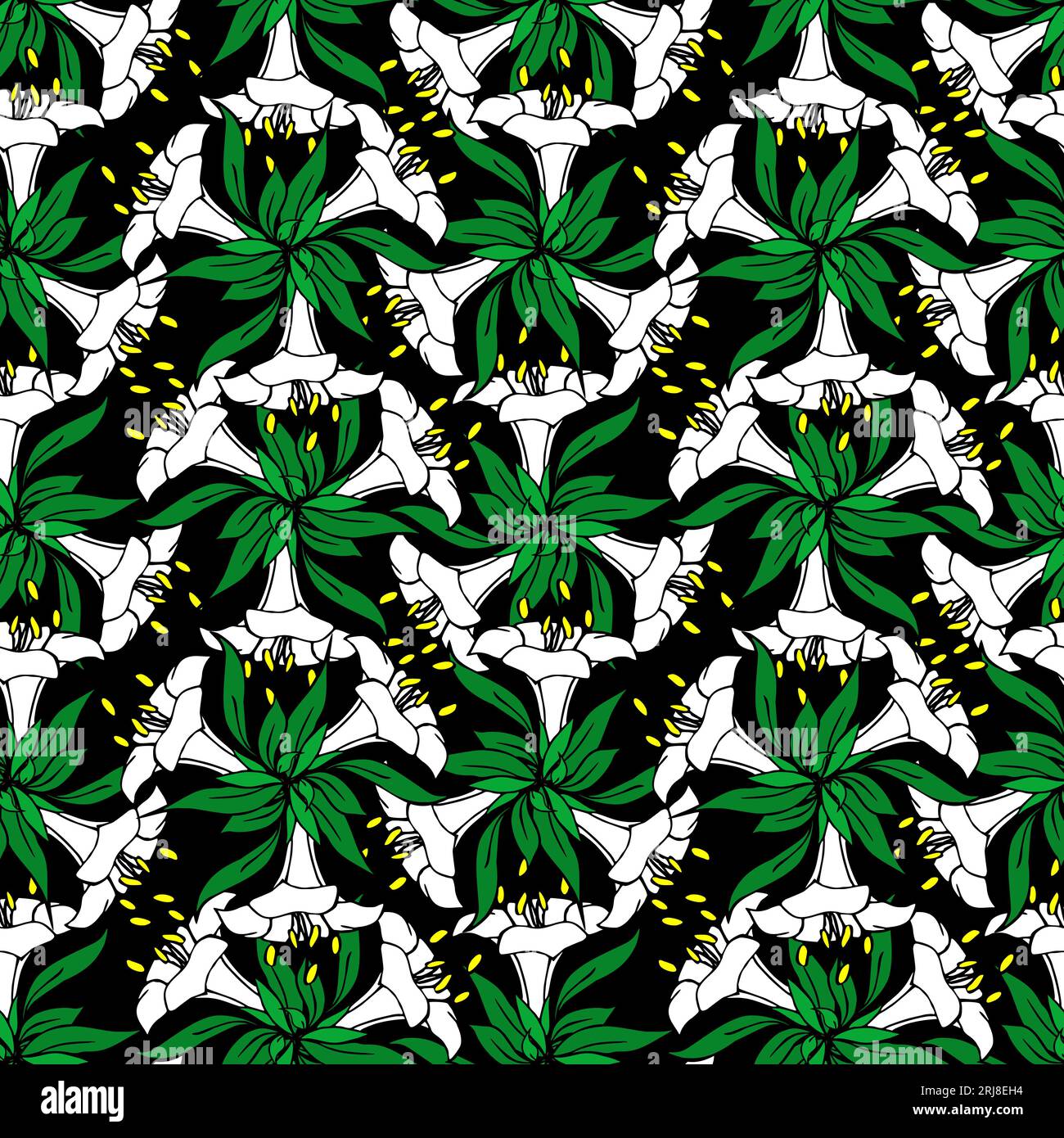 seamless contour pattern of large white graphic flowers on a black ...