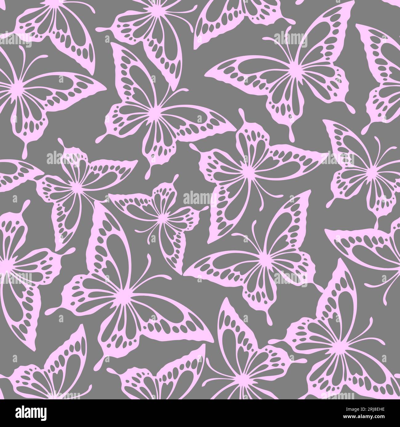 seamless pattern of pink contours of butterflies on a gray background ...