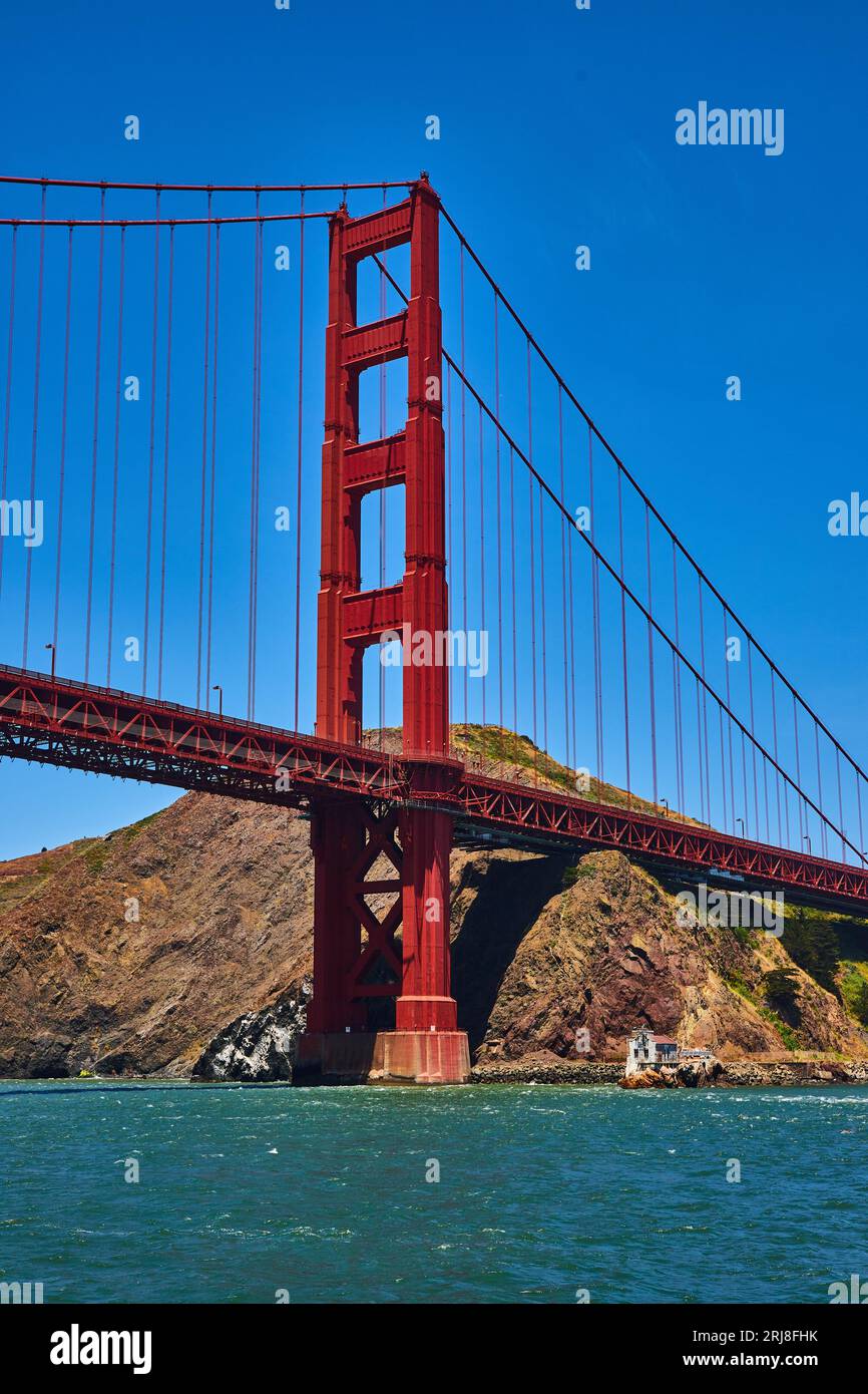 Side view of Golden Gate Bridge on bright summer day with clear blue ...