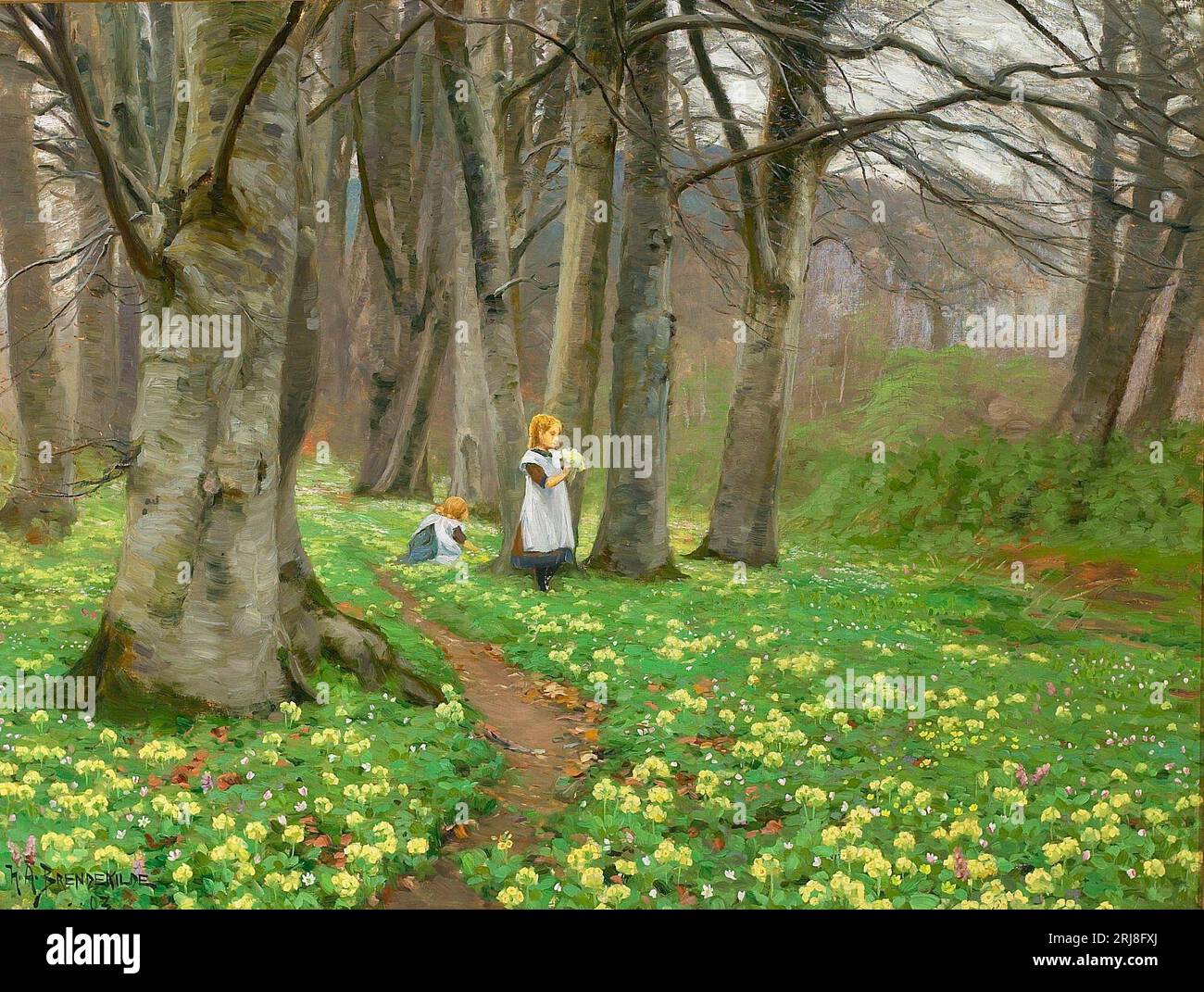 Two girls picking flowers in a forest in springtime. 1903 by H. A ...